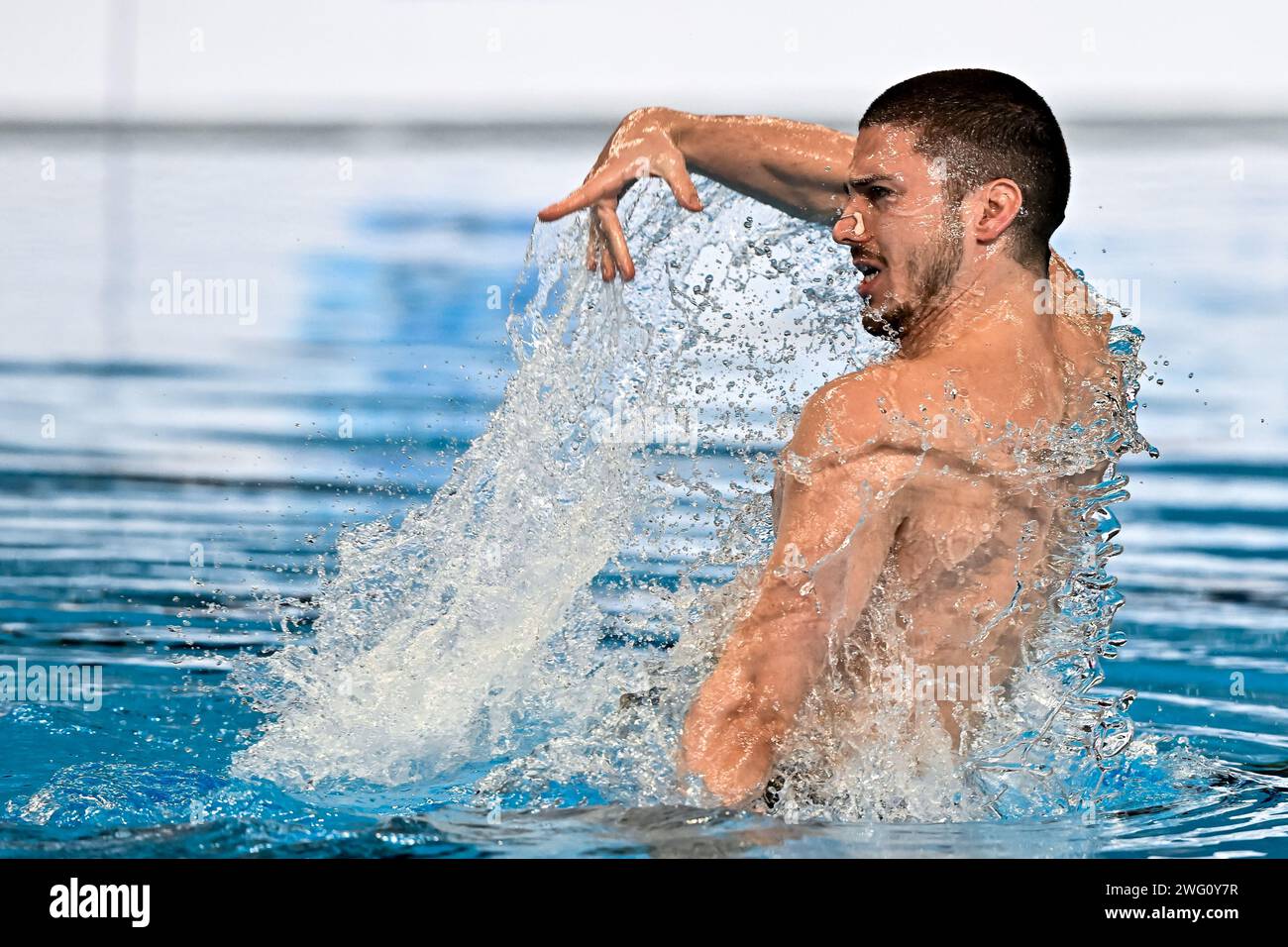 Giorgio Minisini of Italy competes in the artistic swimming Solo Tech ...