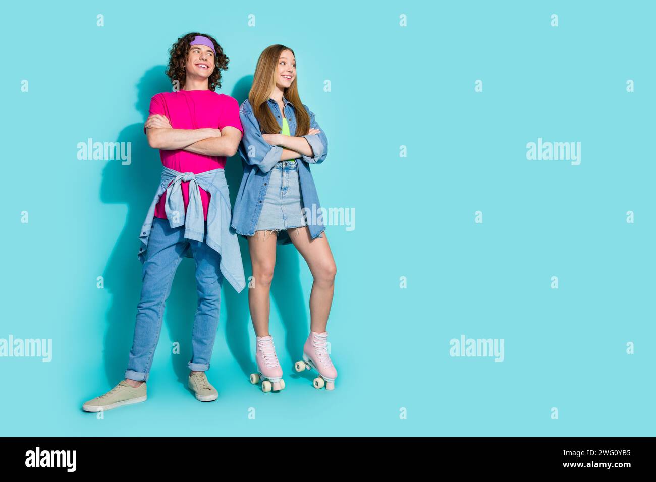Full body photo of young two best friends teenage girl in roller skates ...