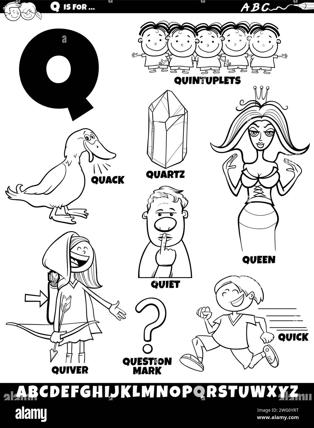 Cartoon illustration of objects and characters set for letter Q ...