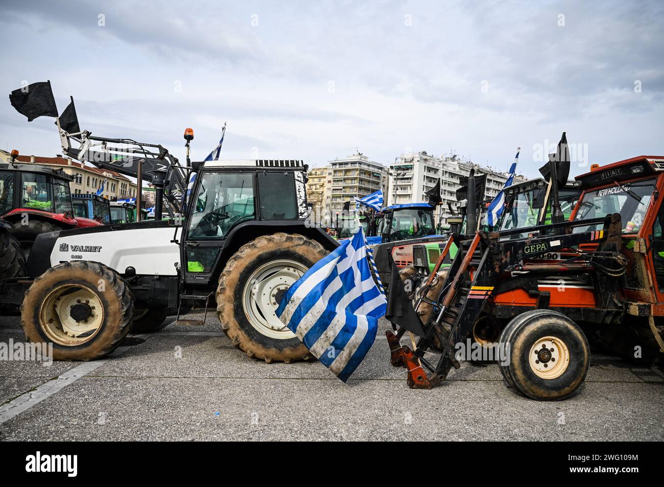 Thessaloniki, Greece. 2nd Feb, 2024. Greek farmers with their tractors ...