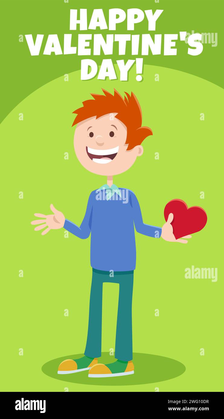 Cartoon illustration with funny boy character with heart Valentines Day ...