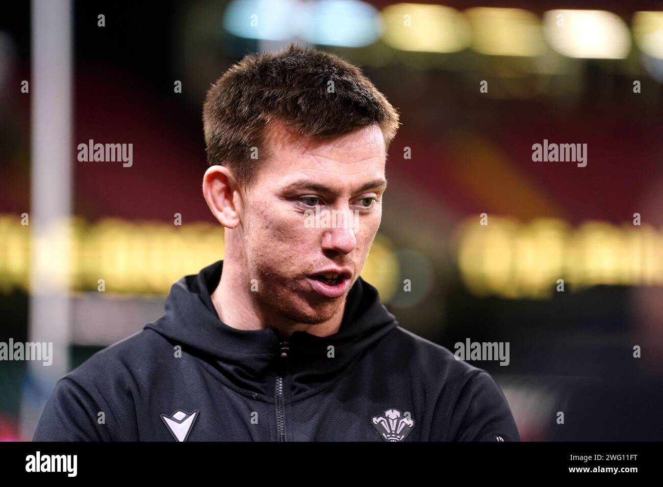 Wales' Adam Beard is interviewed during a team run at the Principality ...