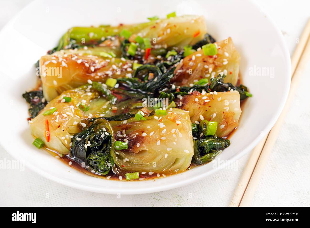 Homemade asian sauteed soy bok choy with sesame seeds. Stir fry pak ...