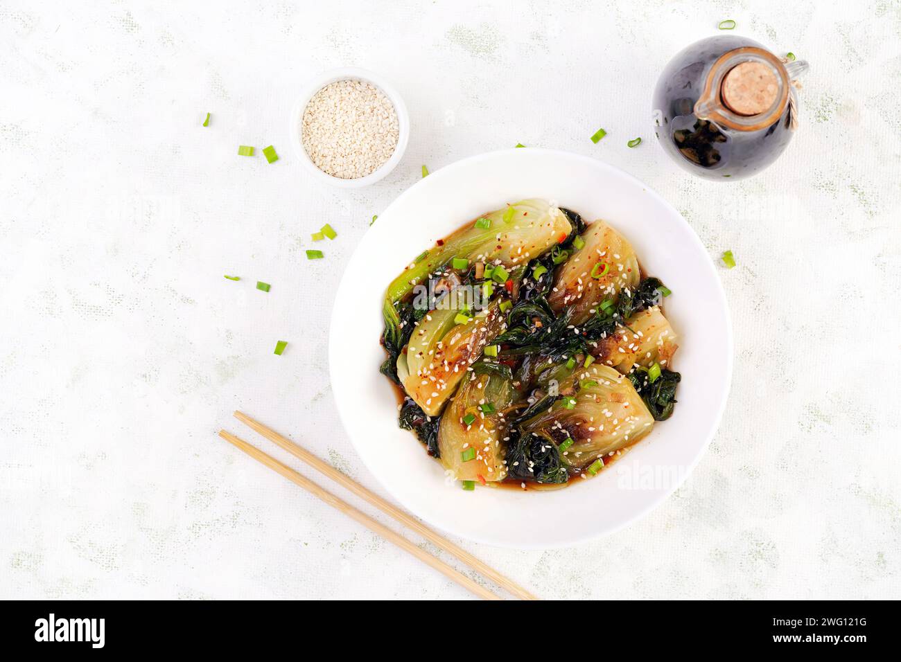 Homemade asian sauteed soy bok choy with sesame seeds. Stir fry pak ...