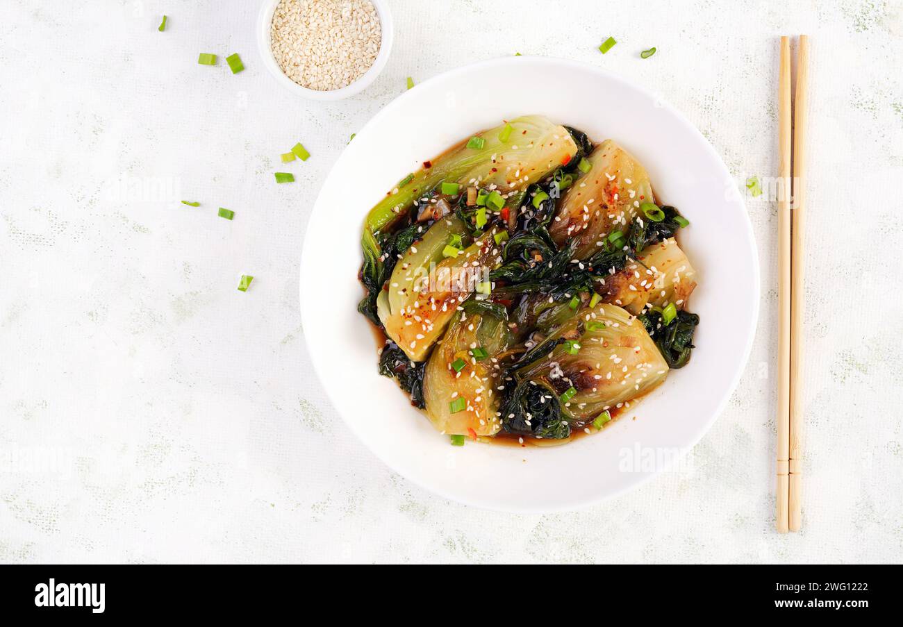 Homemade asian sauteed soy bok choy with sesame seeds. Stir fry pak ...