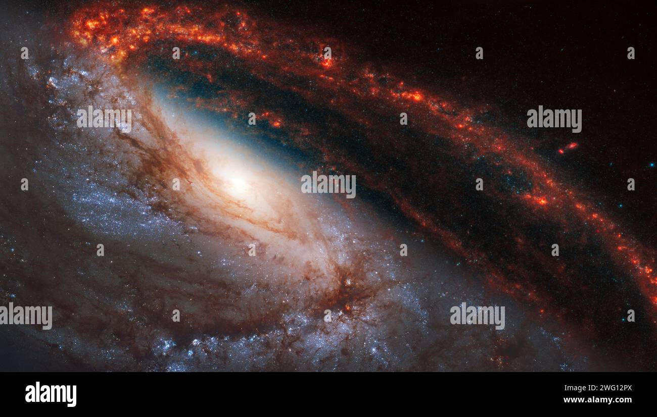 Panoramic spiral galaxy, NGC 3627. Bright orange, red, blue galactic ...