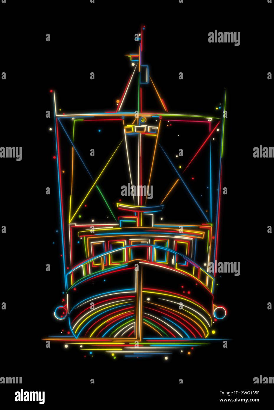 Front view of a fishing vessel, trawler or ship tug in colors over ...