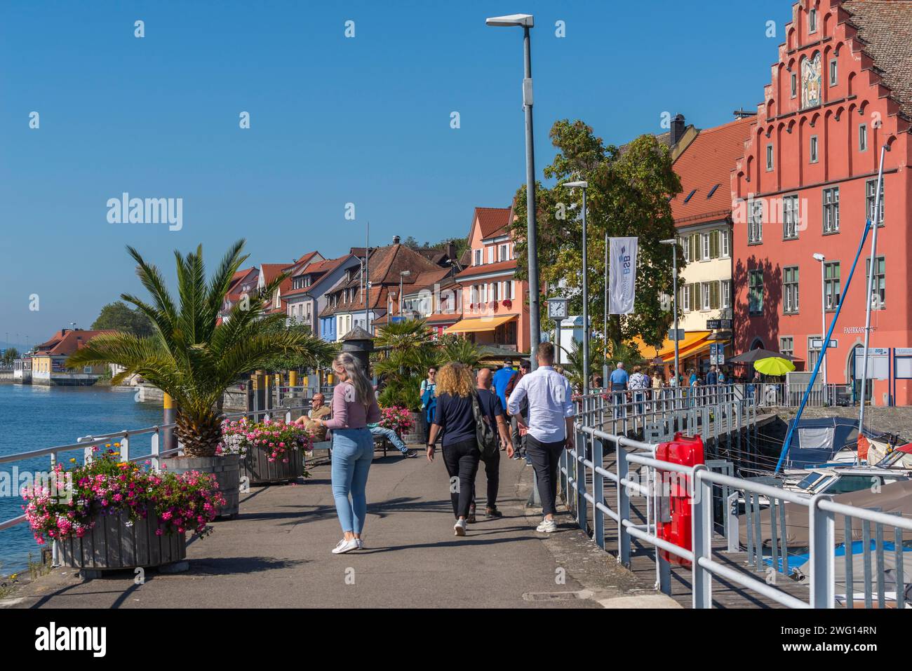 Meersburg on Lake Constance, lakeside promenade, jetty, plant pots ...