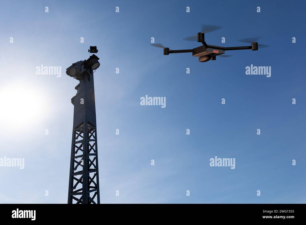 3d illustration drone and camera tower Stock Photo - Alamy