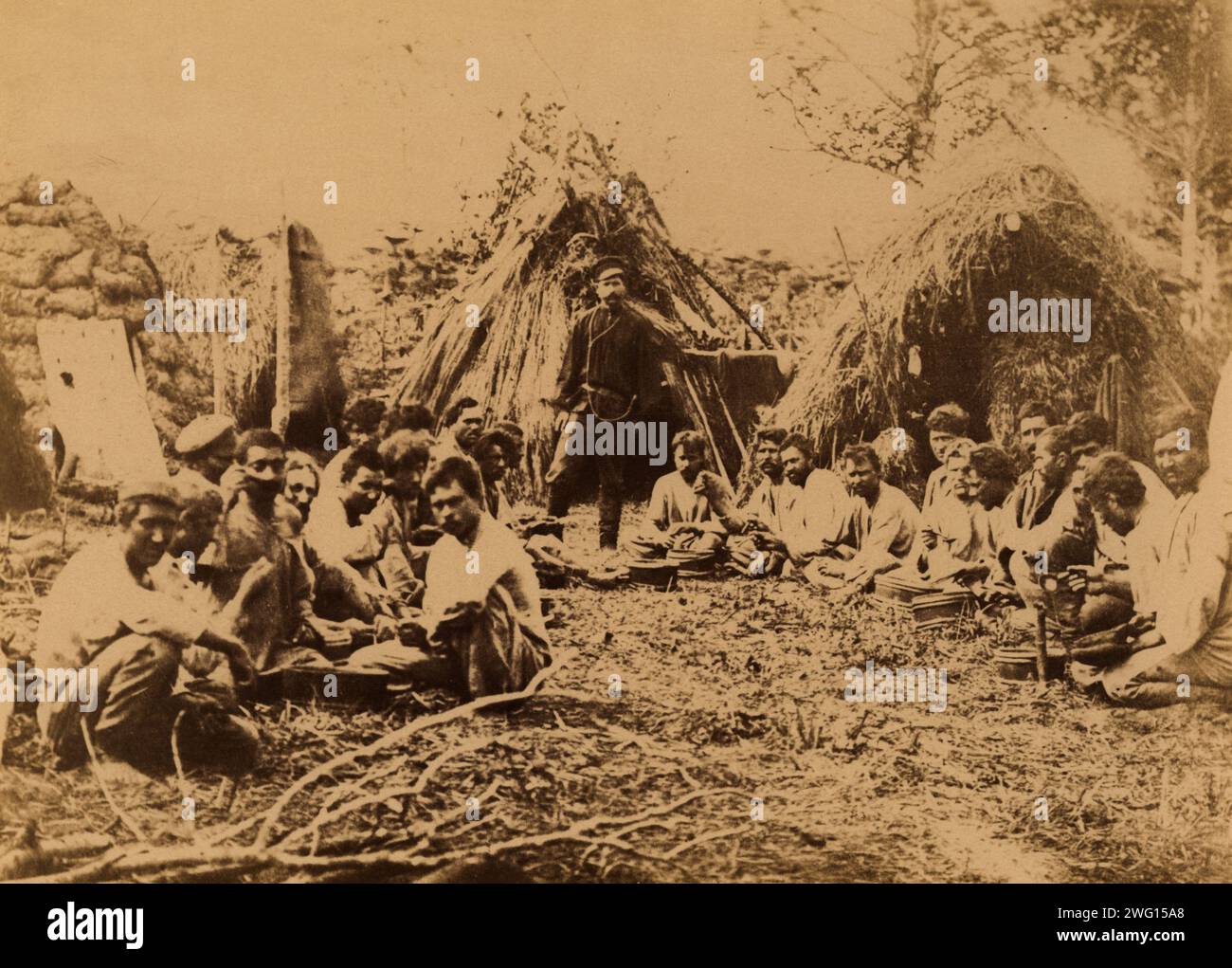 Exiled Convicts Having Lunch near Their Huts during Work in the Taiga ...