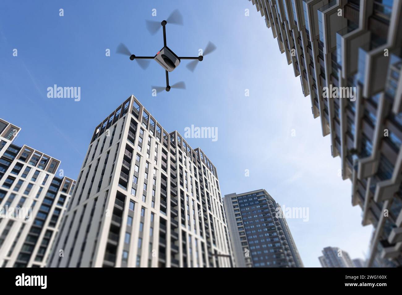 3d illustration of drones flying above high rise buildings Stock Photo ...