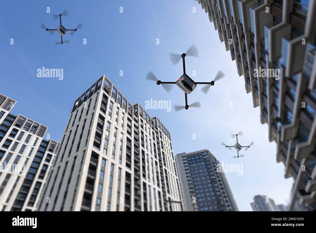 3d illustration of drones flying above high rise buildings Stock Photo ...
