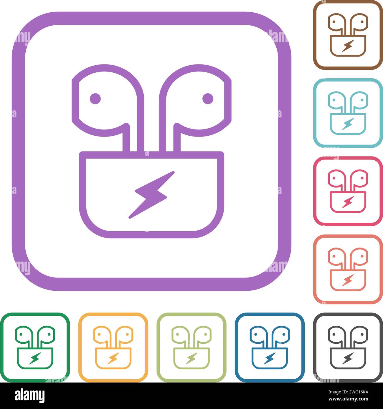 Charging wireless earphones outline simple icons in color rounded square frames on white ...