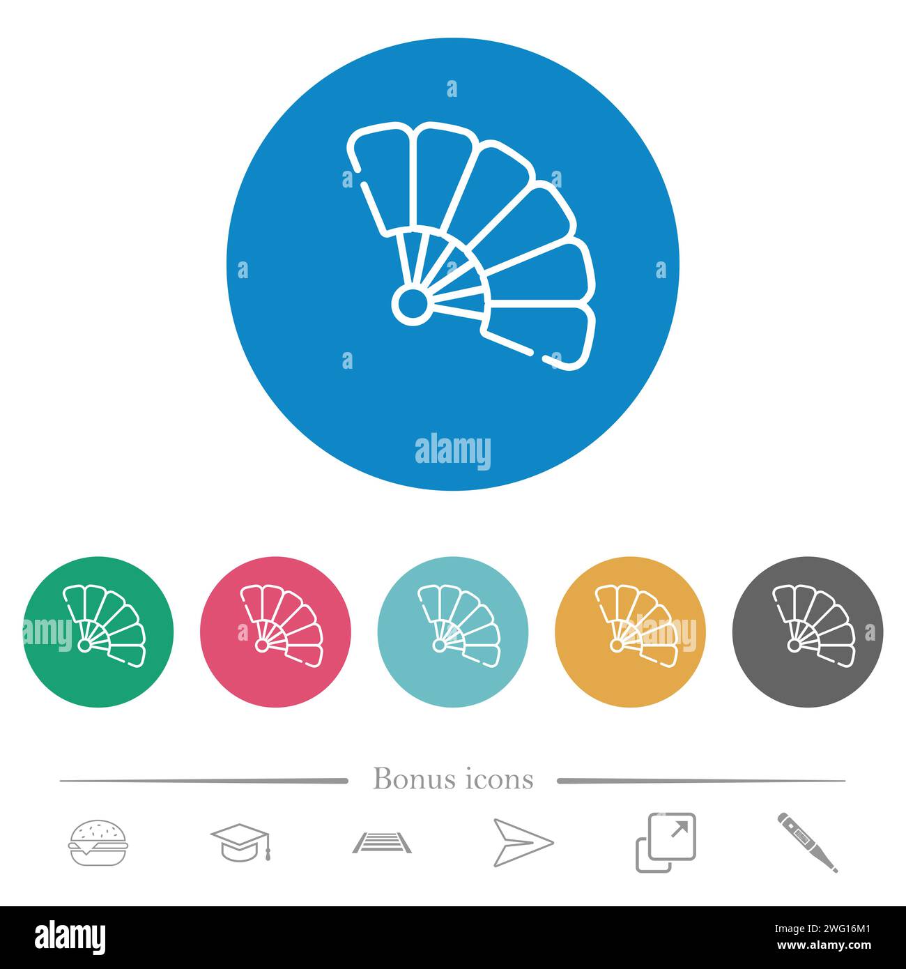Folding hand fan outline flat white icons on round color backgrounds. 6 ...