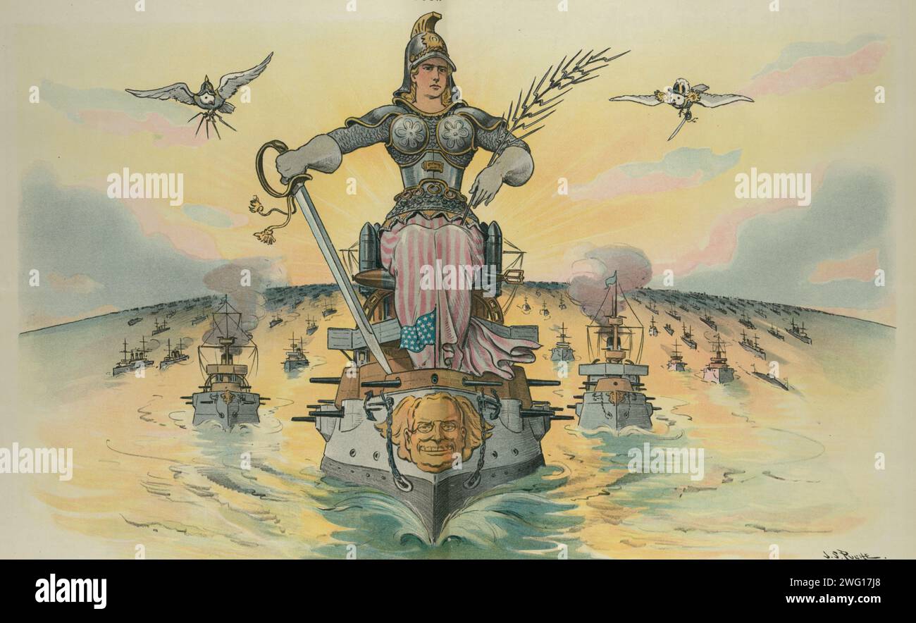 Peace, 1905. Illustration shows a flotilla of ships with Theodore ...