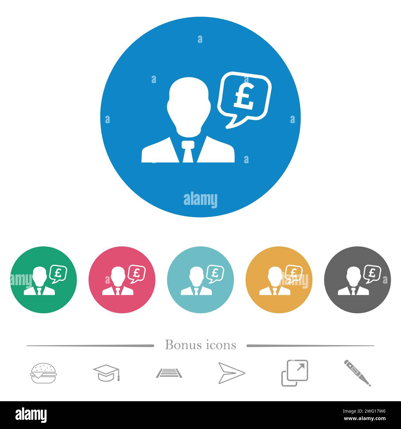 English Pound financial advisor flat white icons on round color ...