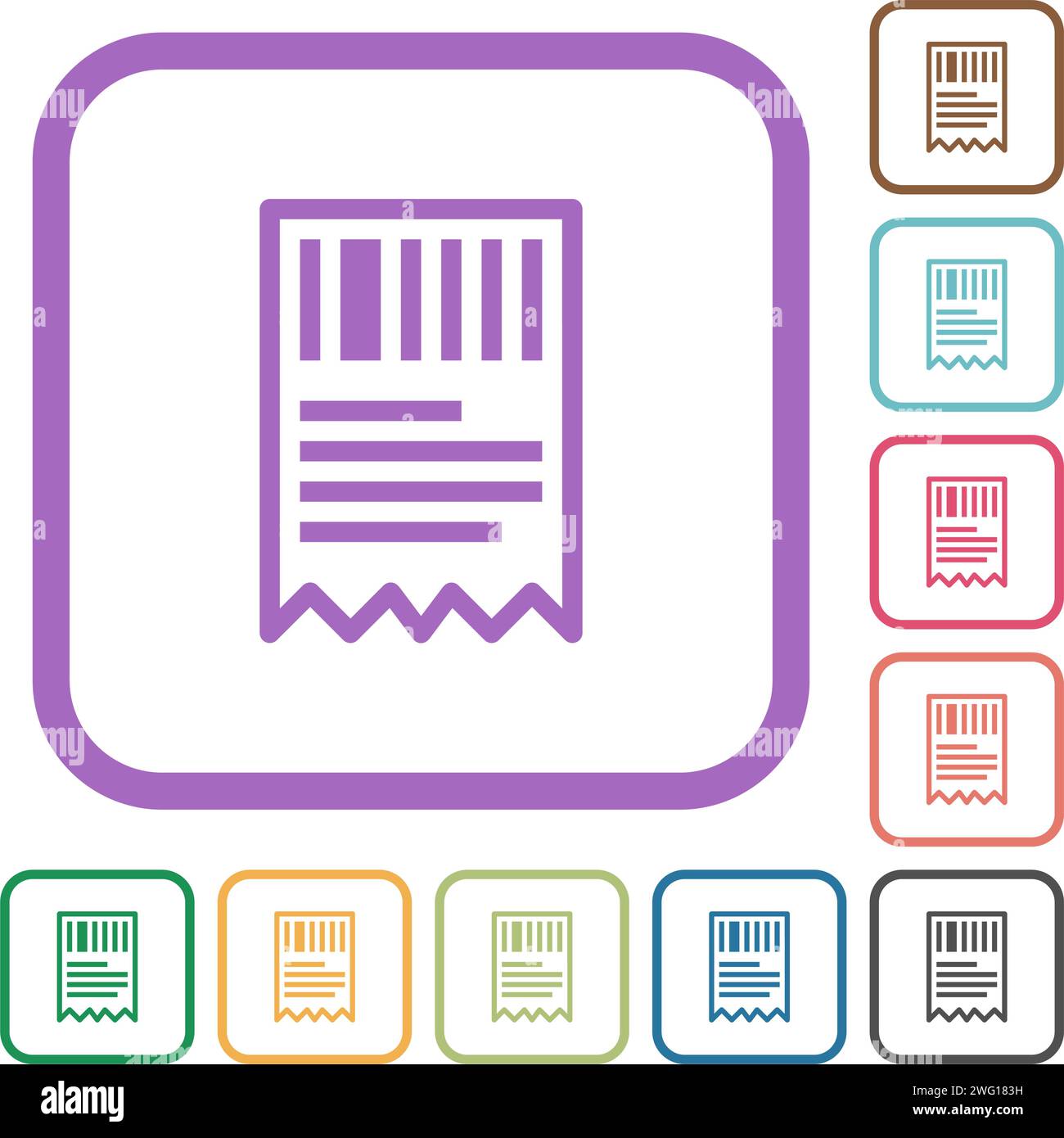 One receipt with barcode outline simple icons in color rounded square frames on white background ...