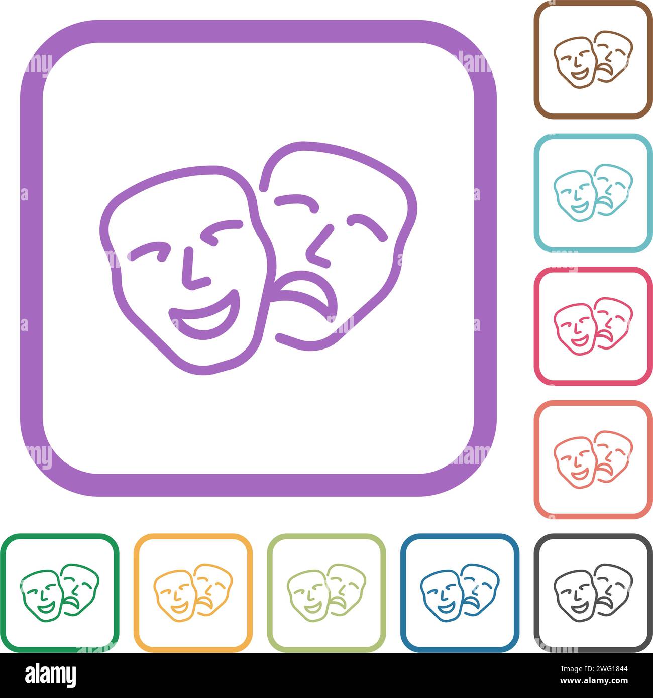 Theatrical masks outline simple icons in color rounded square frames on ...
