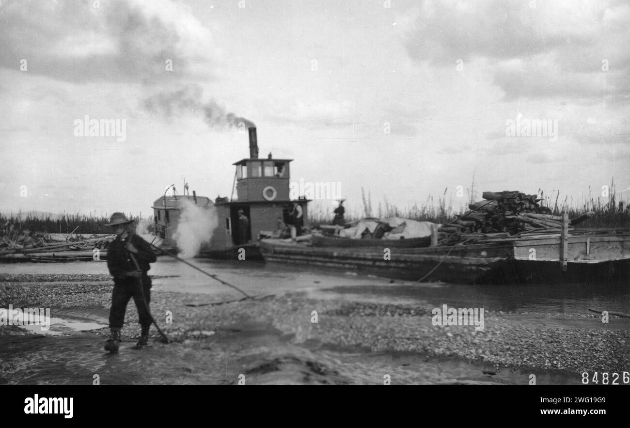 Steamer Little Delta and barge on sand bar, between c1900 and c1930 ...