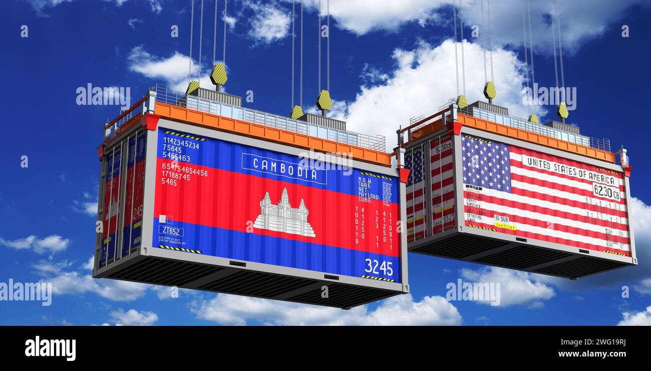 Shipping containers with flags of Cambodia and USA - 3D illustration ...