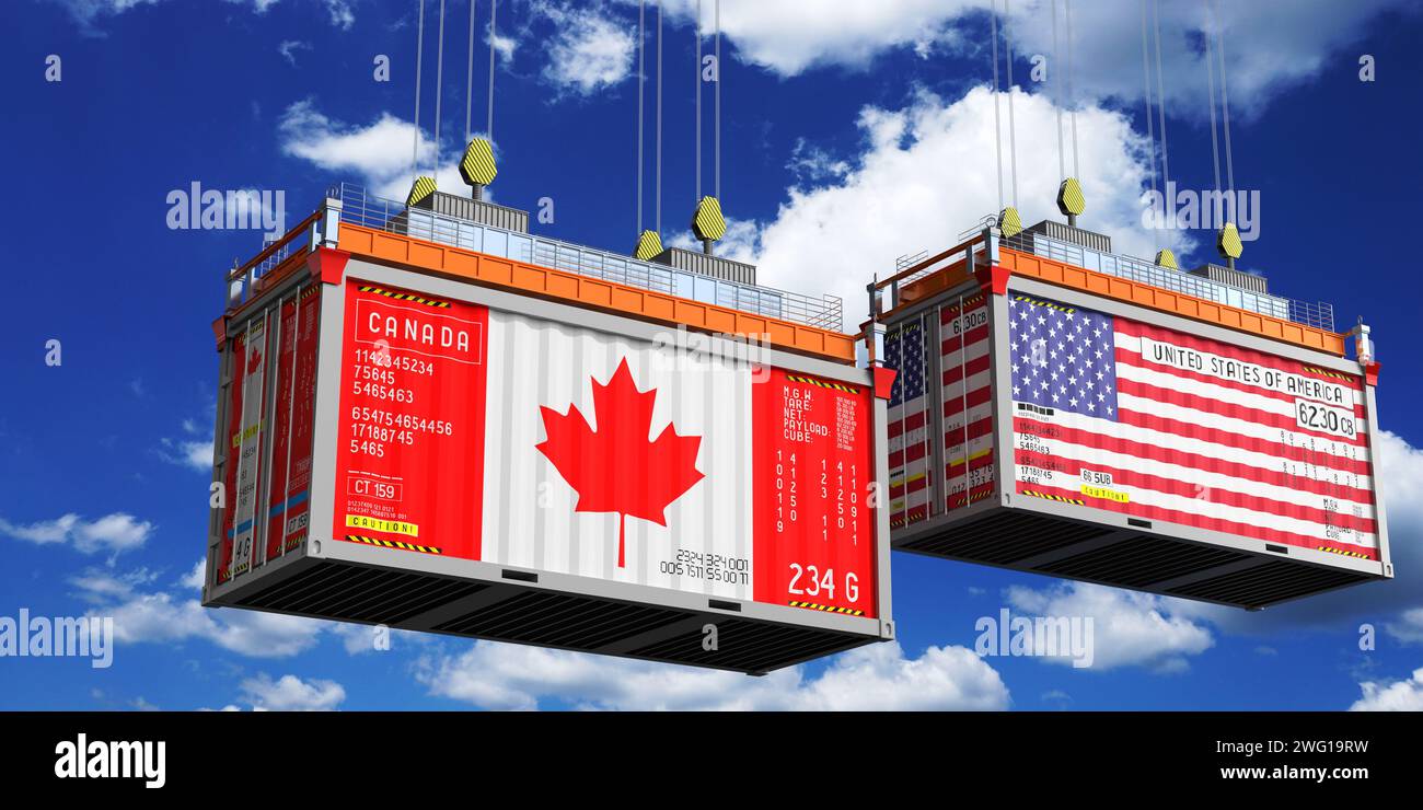 Shipping containers with flags of Canada and USA - 3D illustration ...
