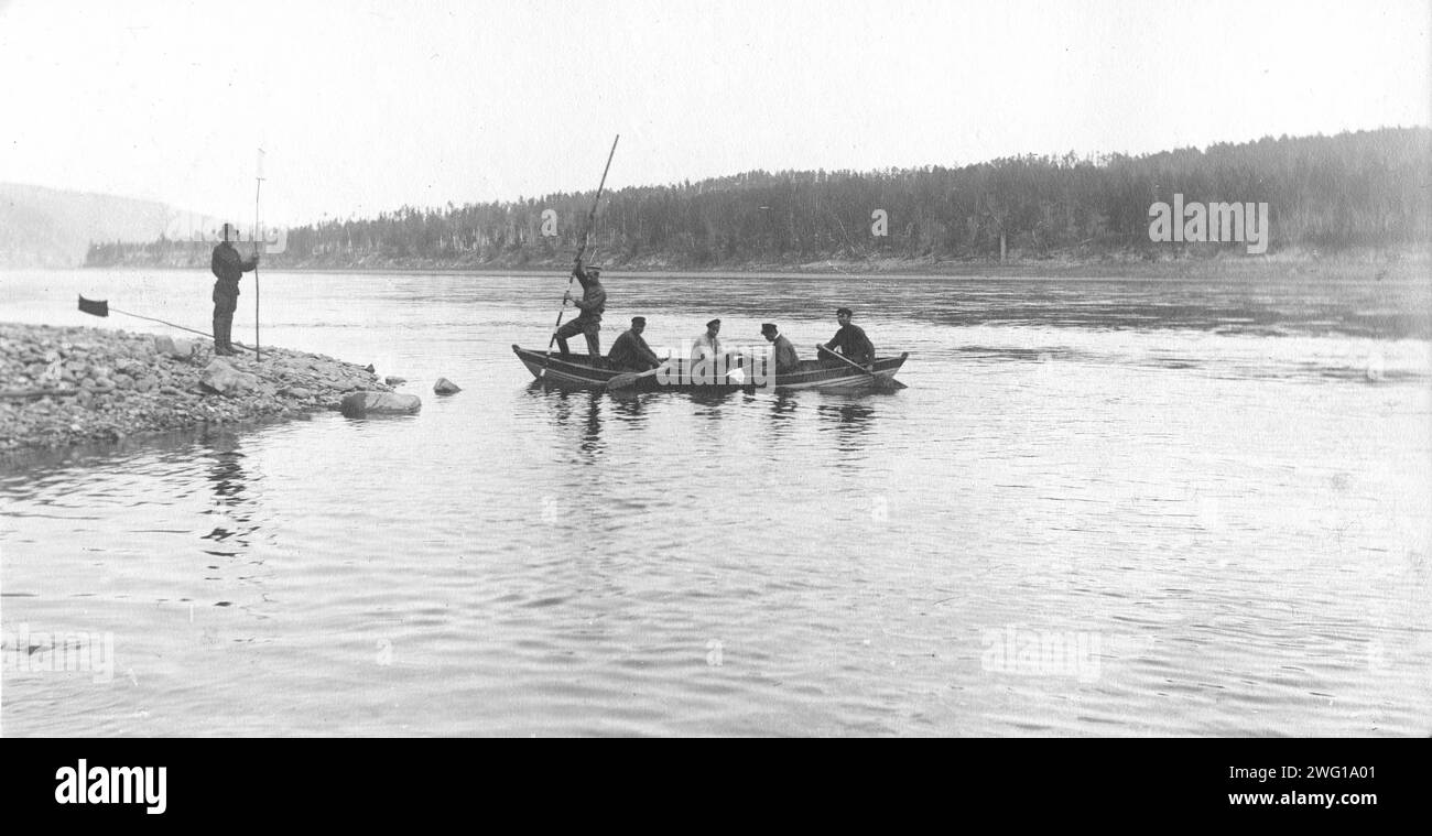 The moment of taking measurements of the river depth from a boat, 1909 ...