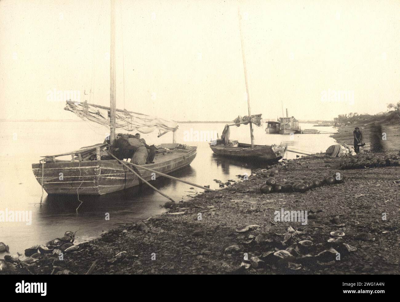 Chinese junks off the coast near the city of Sakhalyan opposite ...
