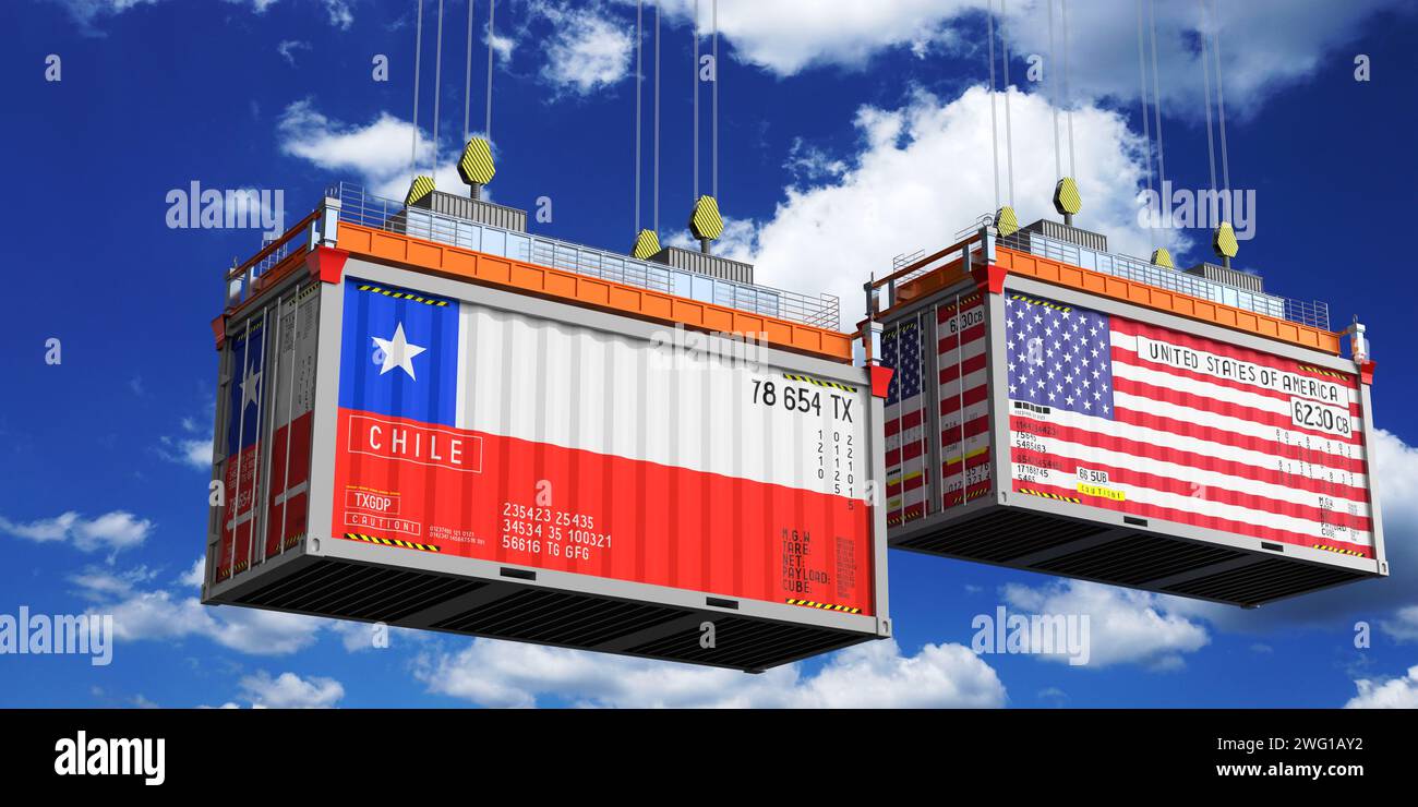 Shipping containers with flags of Chile and USA - 3D illustration Stock ...