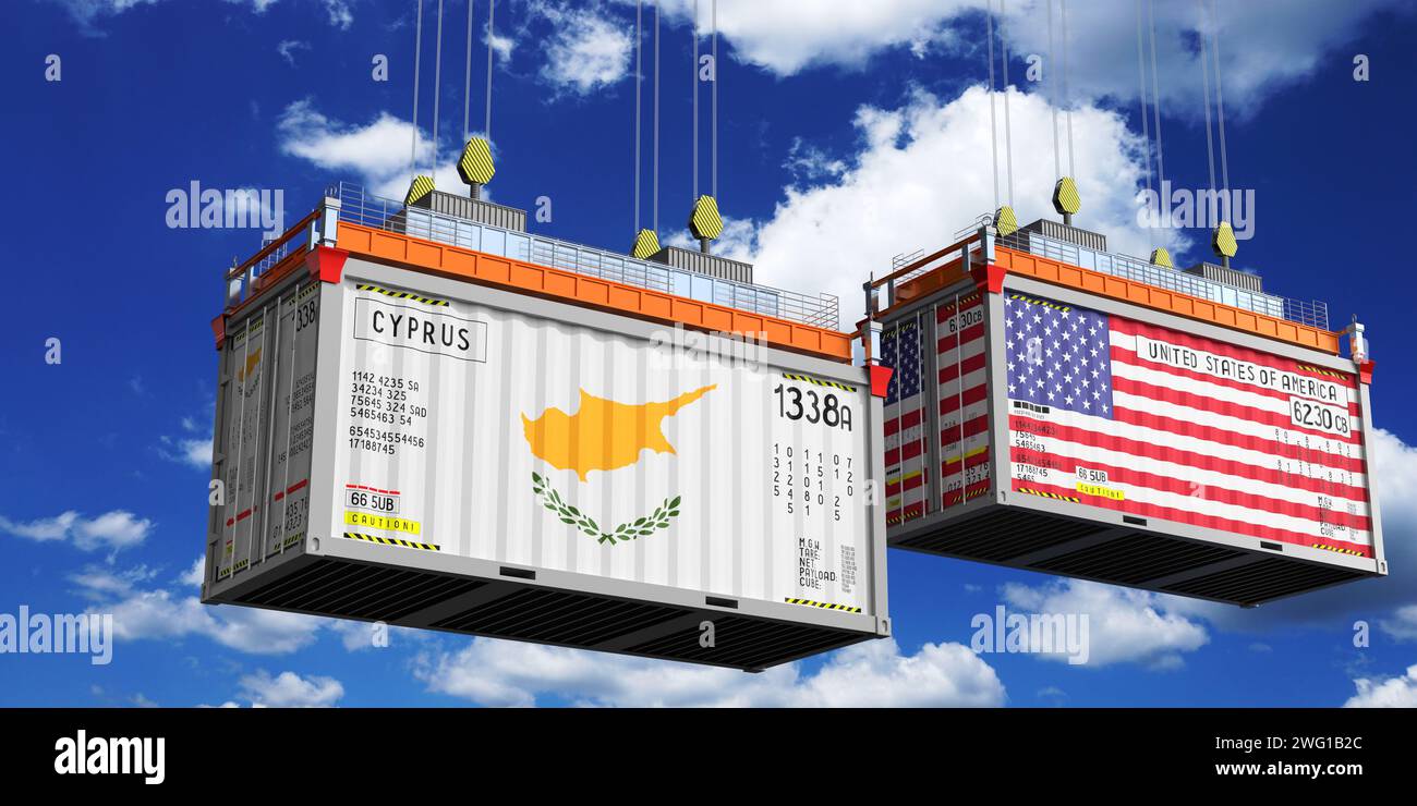 Shipping containers with flags of Cyprus and USA - 3D illustration ...