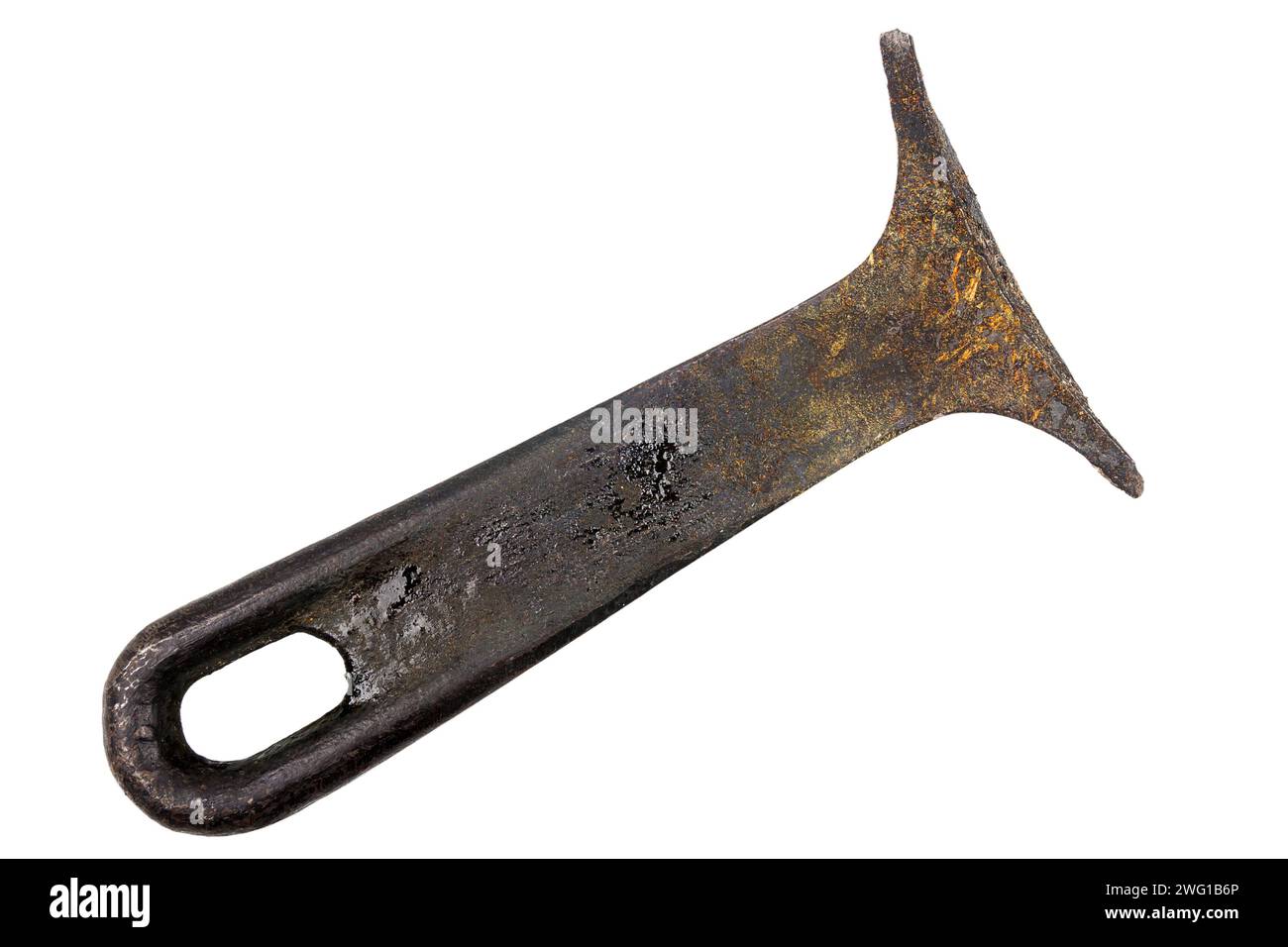 Old grungy black cast iron skillet handle isolated on white background ...