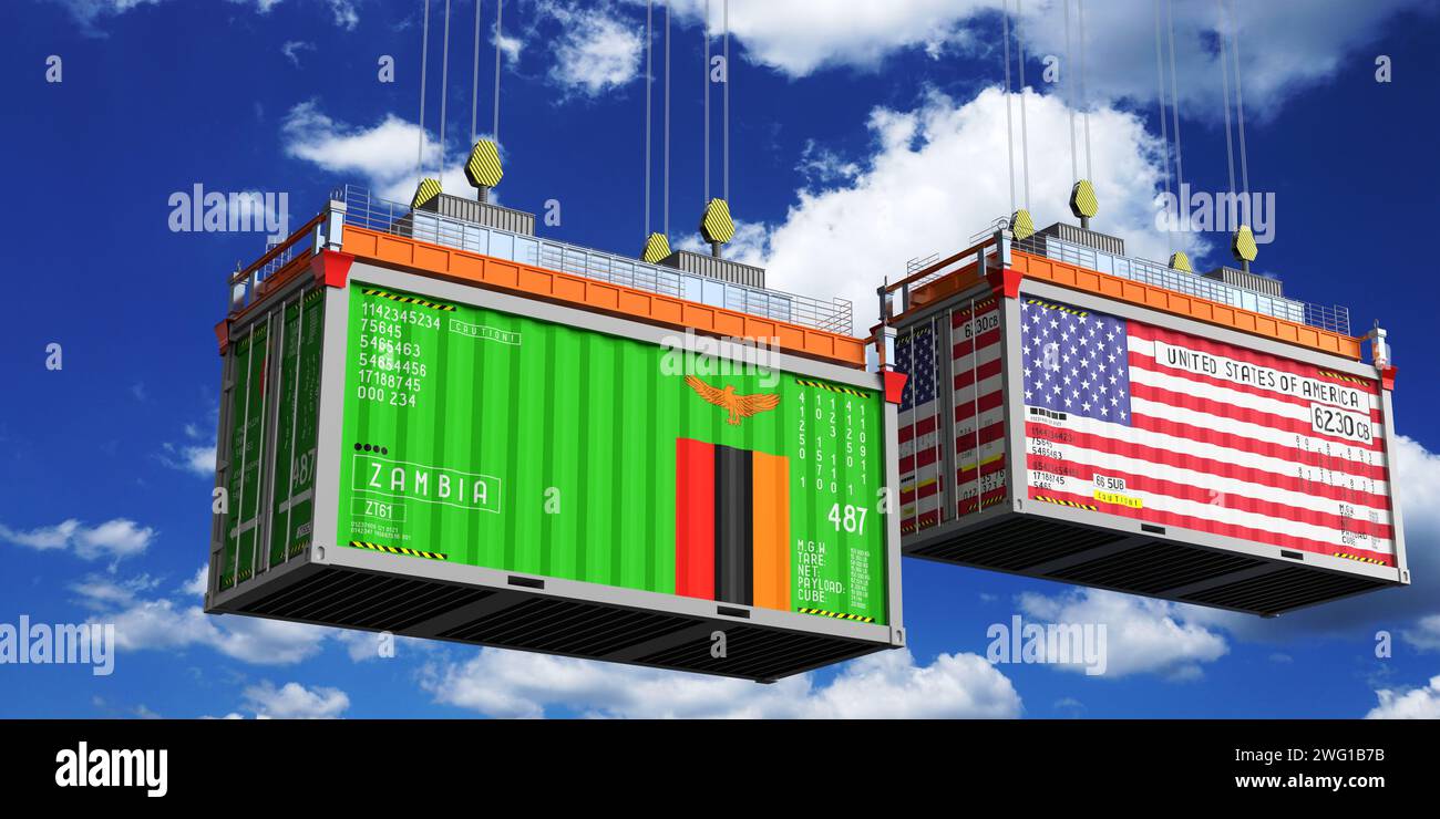 Shipping containers with flags of Zambia and USA - 3D illustration ...