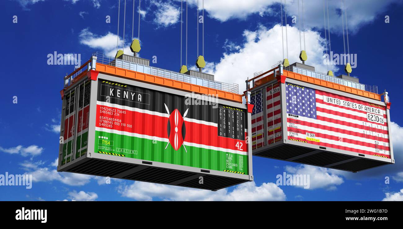 Shipping containers with flags of Kenya and USA - 3D illustration Stock ...
