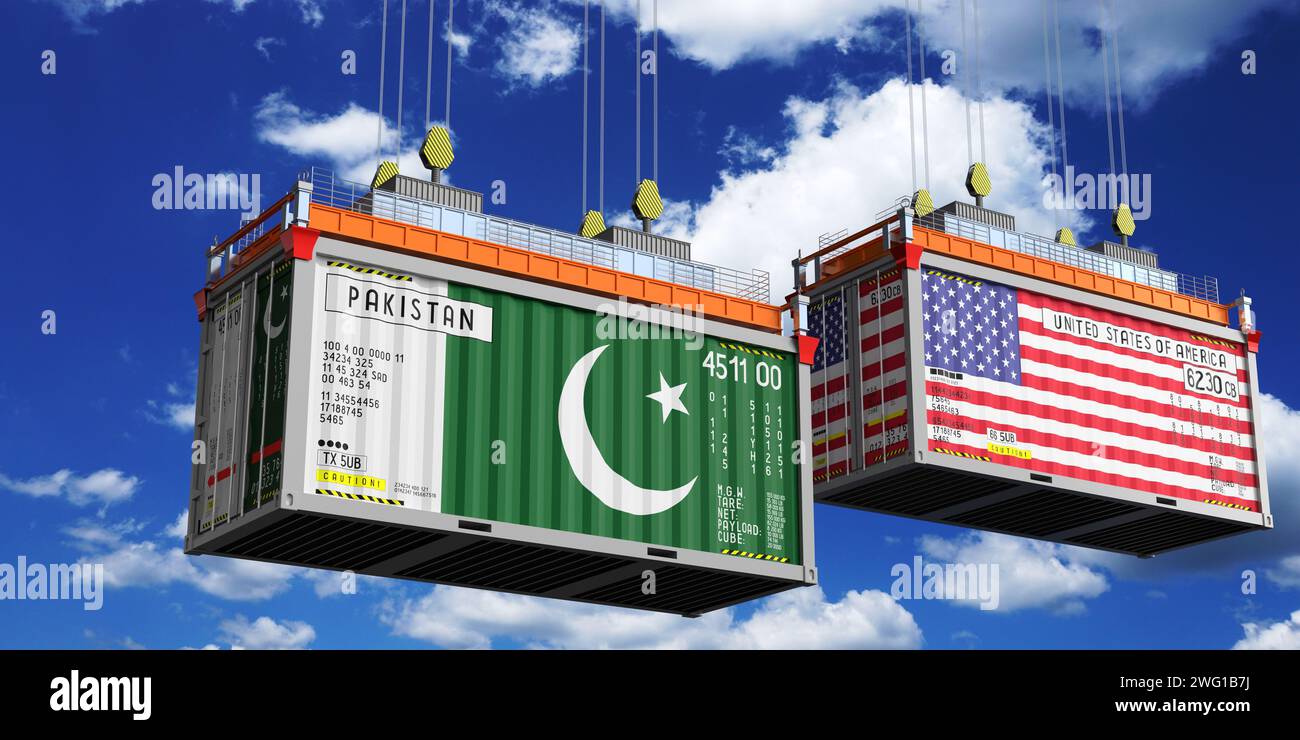 Shipping containers with flags of Pakistan and USA - 3D illustration ...