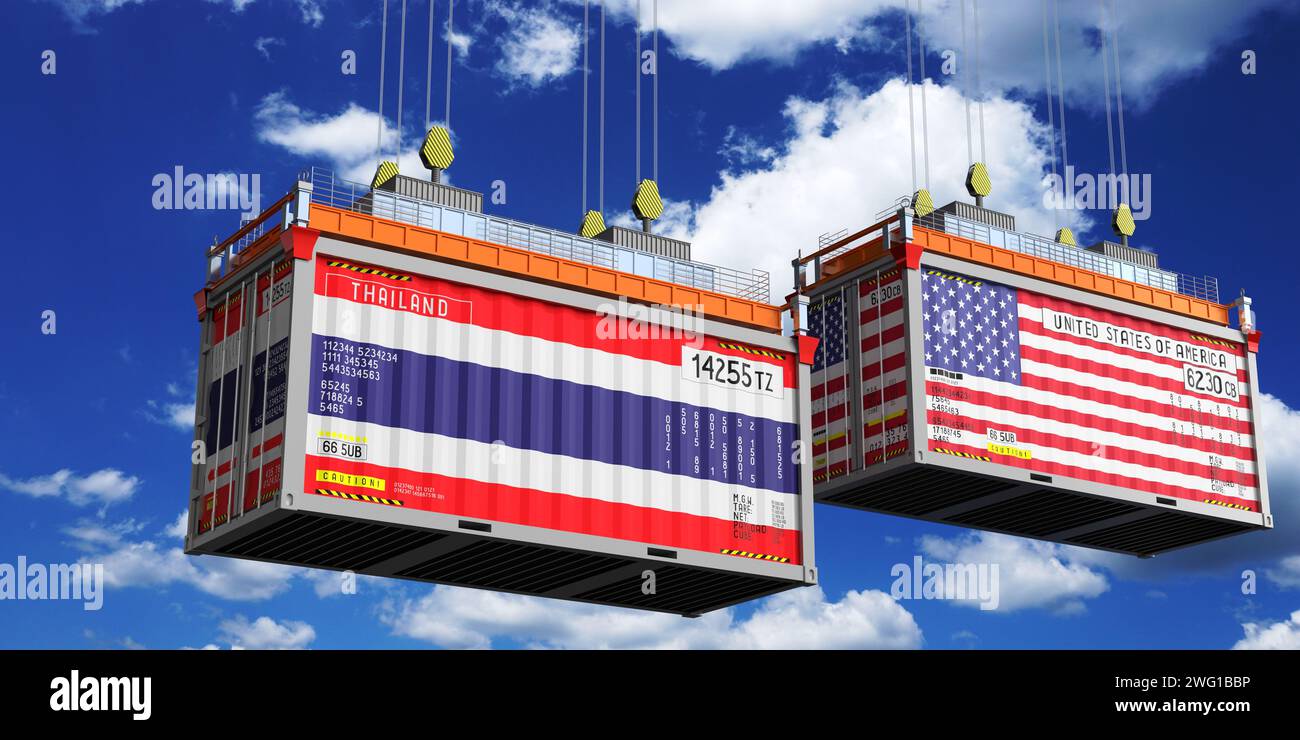Shipping containers with flags of Thailand and USA - 3D illustration ...