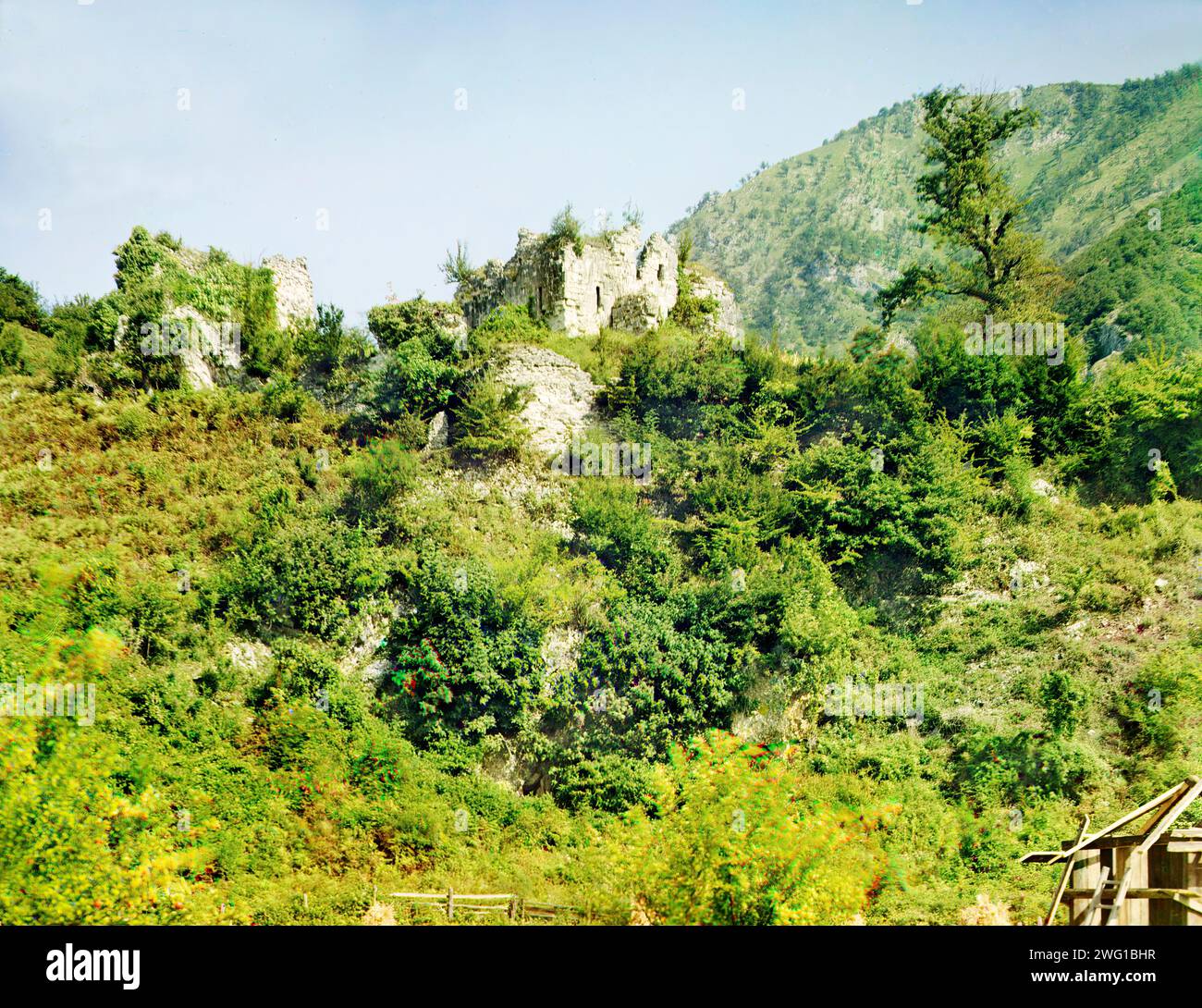 General view of the ruins of a castle near the Bzyb River, from the ...
