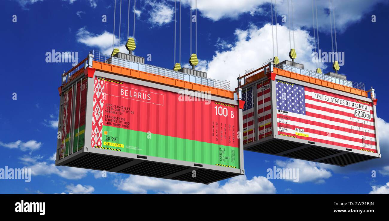 Shipping containers with flags of Belarus and USA - 3D illustration ...