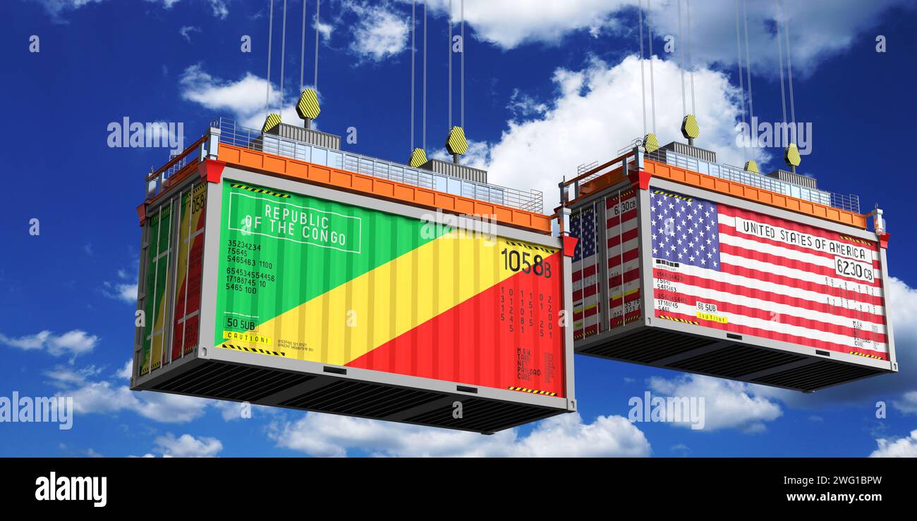 Shipping containers with flags of Congo and USA - 3D illustration Stock ...