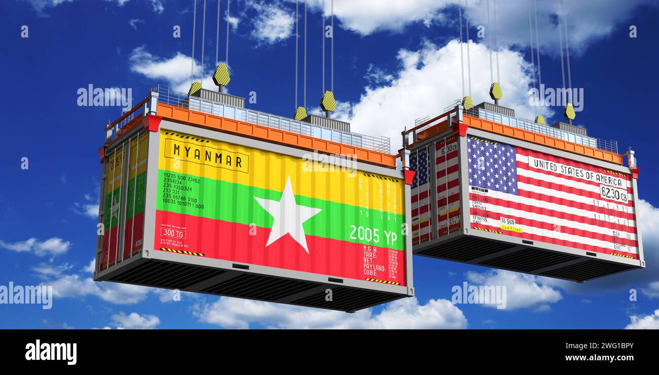 Shipping containers with flags of Myanmar and USA - 3D illustration ...