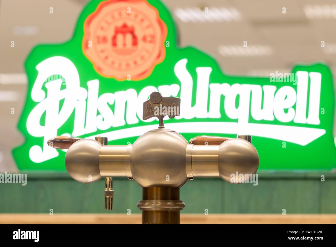 PRAGUE, CZECHIA, DEC 18 2023, Beer tap with the traditional Czech beer ...