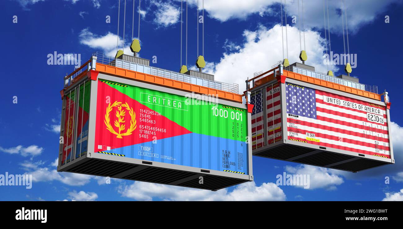 Shipping containers with flags of Eritrea and USA - 3D illustration ...