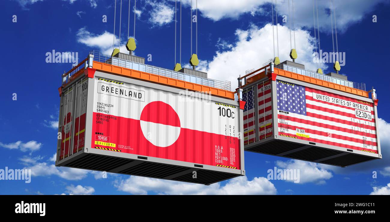 Shipping containers with flags of Greenland and USA - 3D illustration ...