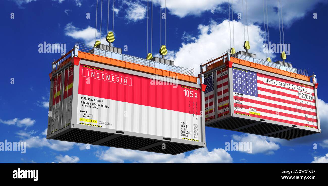 Shipping containers with flags of Indonesia and USA - 3D illustration ...