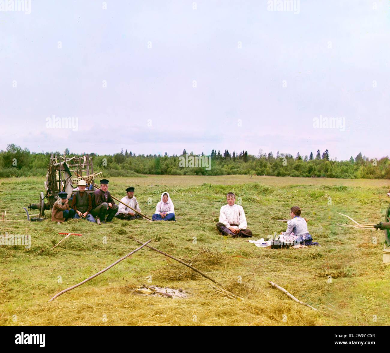 Peasants haying [Russian Empire], 1909. Farm workers taking a break ...