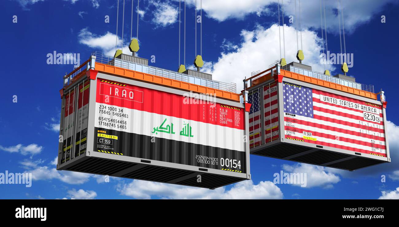 Shipping containers with flags of Iraq and USA - 3D illustration Stock ...