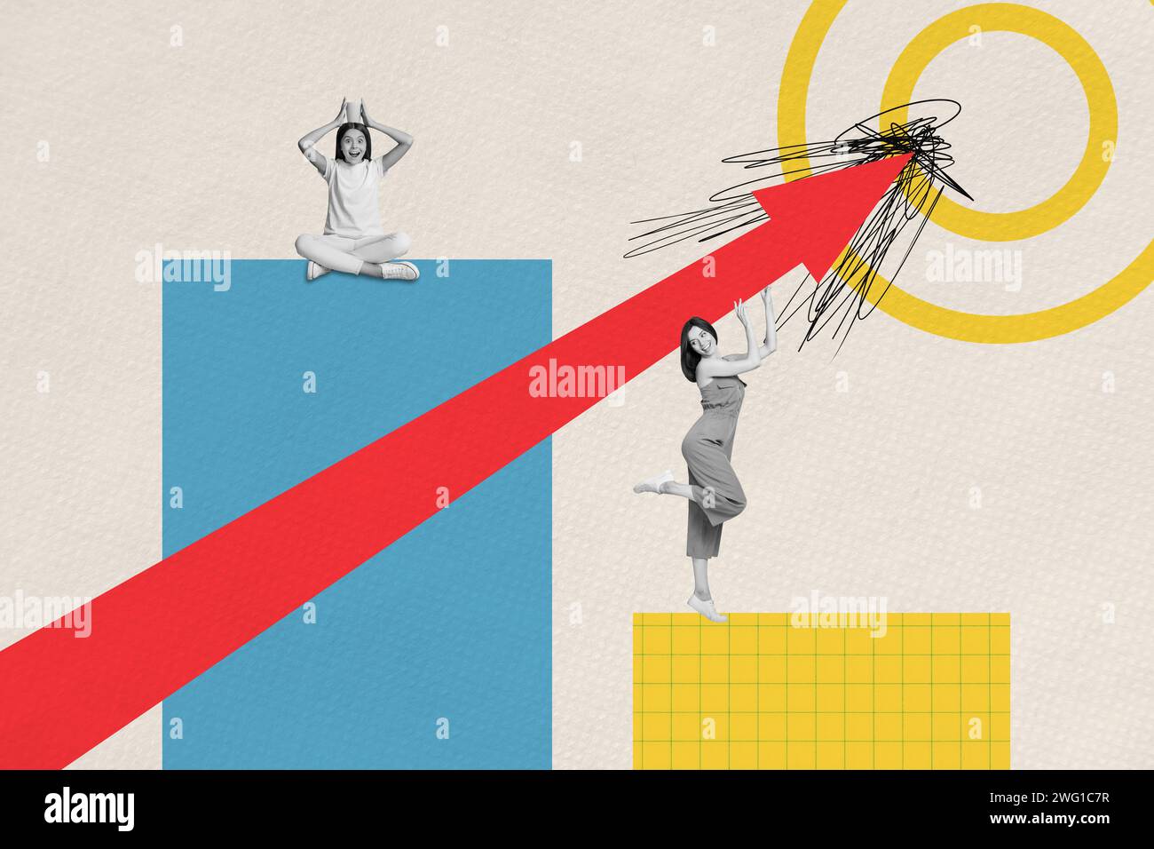 Photo collage young two happy girls goal achievement reach success ...