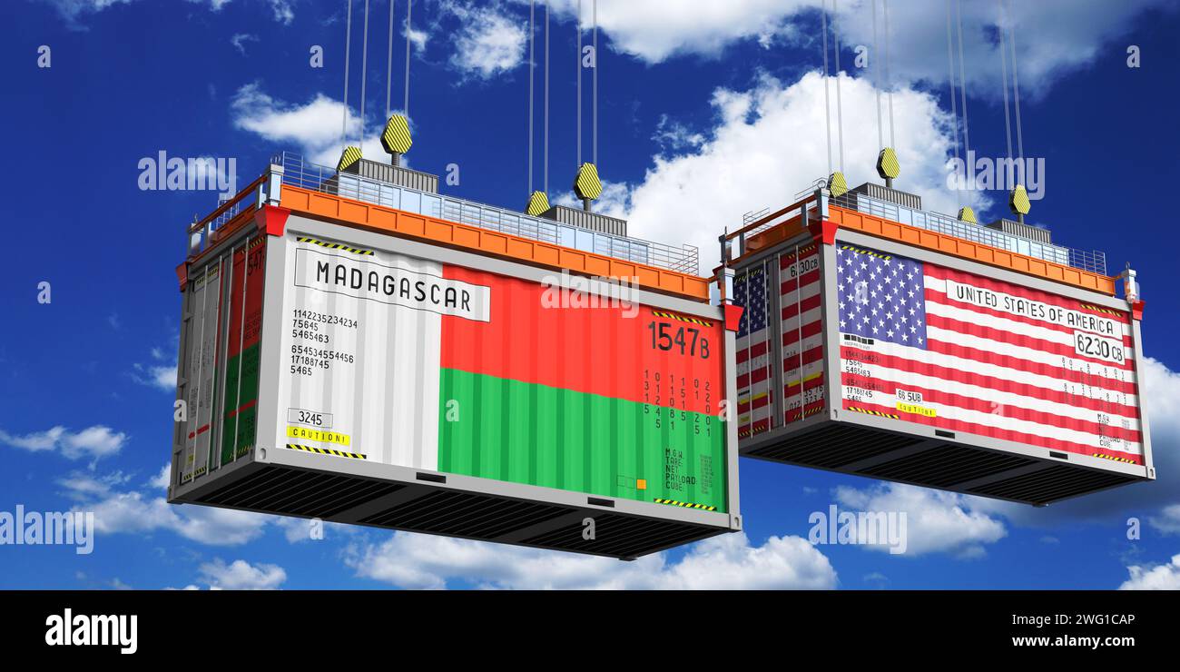 Shipping containers with flags of Madagascar and USA - 3D illustration ...