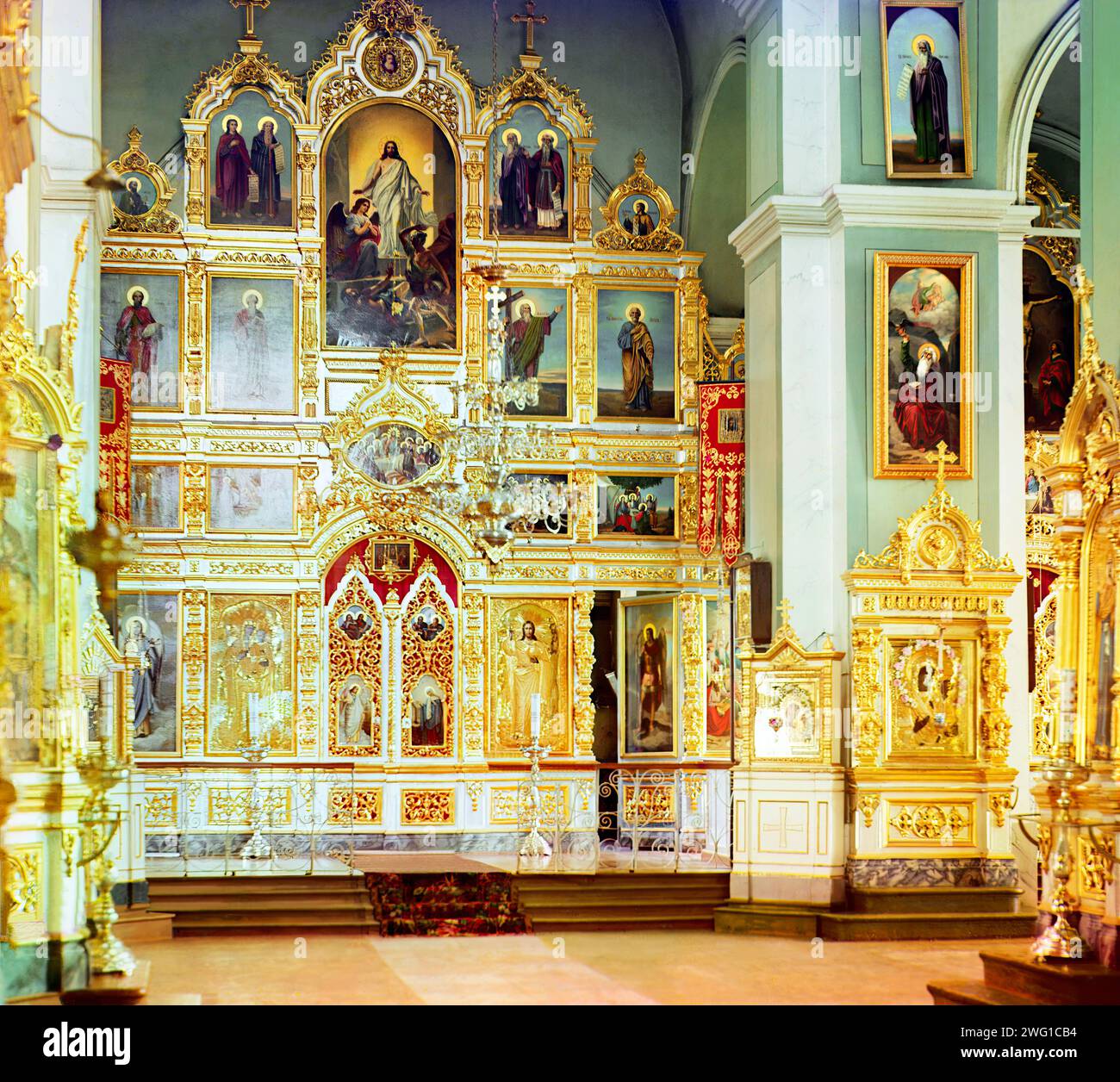 Iconostasis in the summer cathedral [Leushinskii Monastery, Leushino, Russian Empire], 1909. In ...