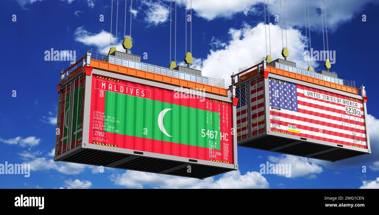 Shipping containers with flags of Maldives and USA - 3D illustration ...