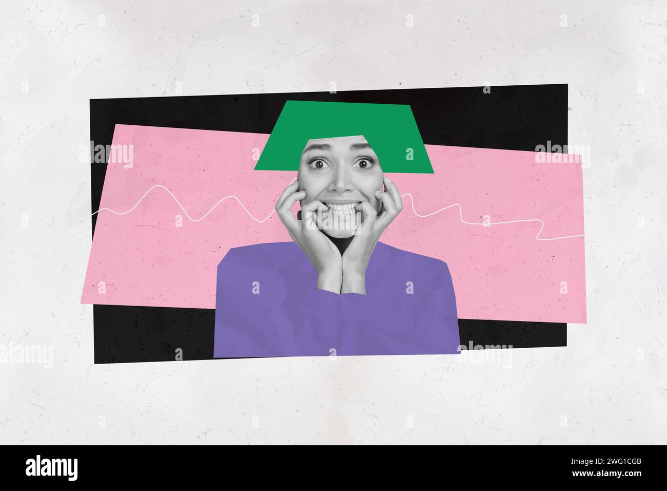 Photo collage illustration young scared woman biting nails terrified ...