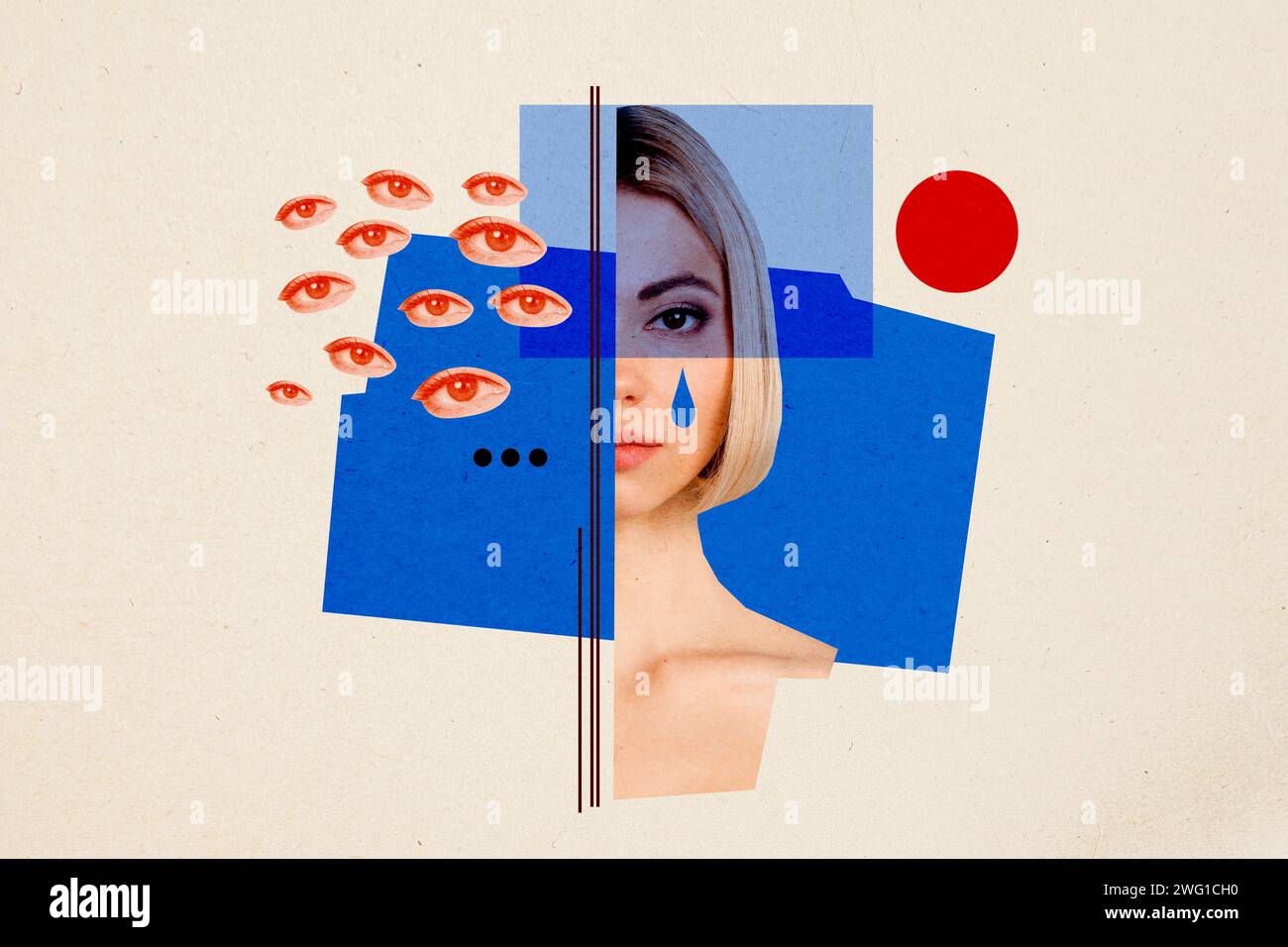 Photo collage illustration young woman suffer espionage many eyes ...